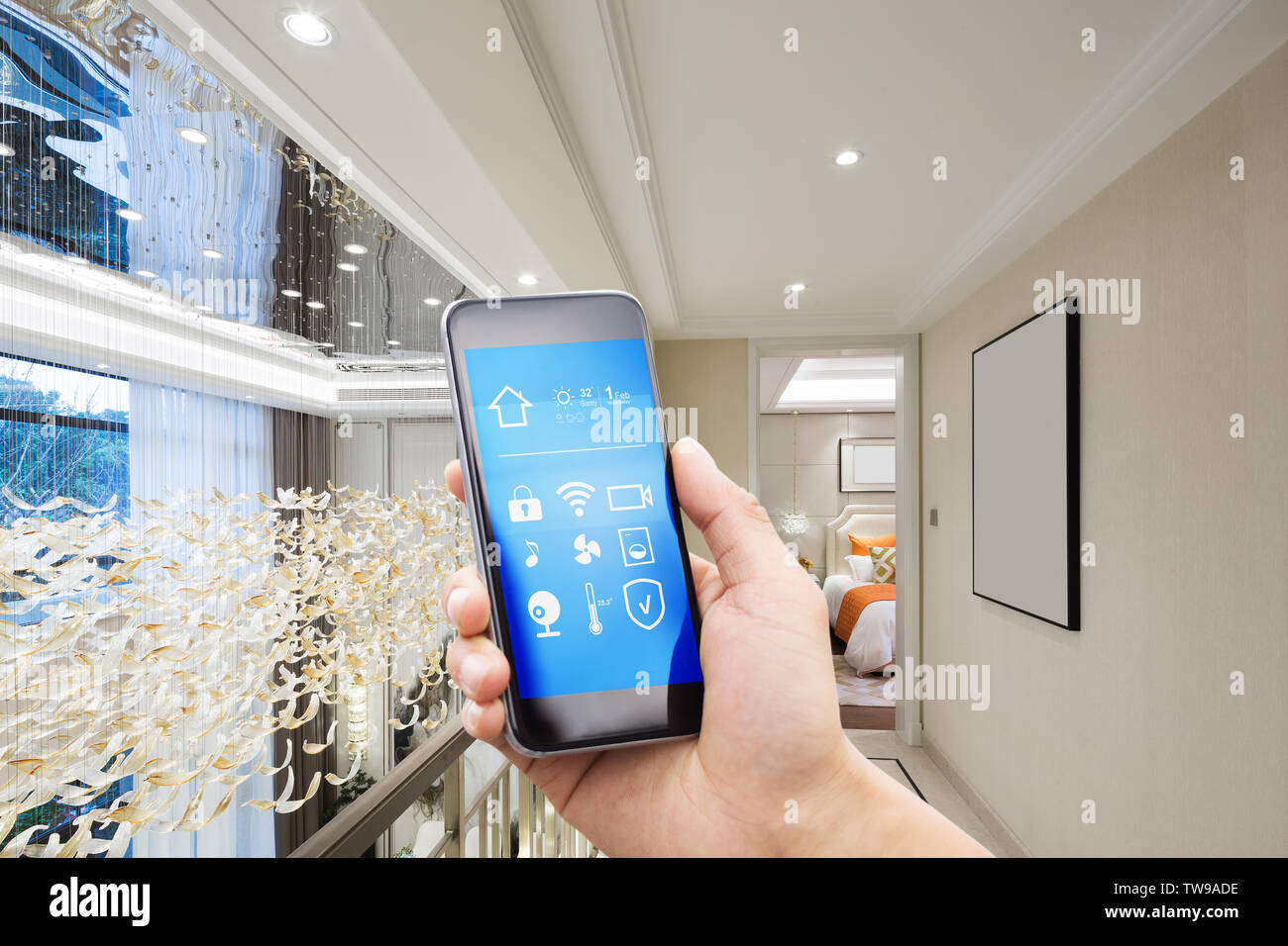 smart phone with smart home with modern corridor Stock Photo - Alamy