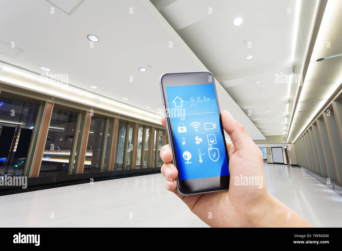 smart phone with smart home with modern corridor Stock Photo - Alamy