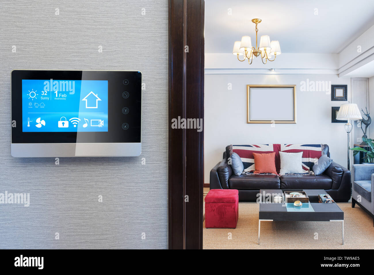 smart screen with smart home with modern living room Stock Photo - Alamy