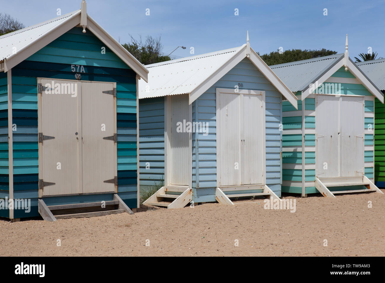 The bright and charming bathing boxes on Brighton Beach, Victoria ...
