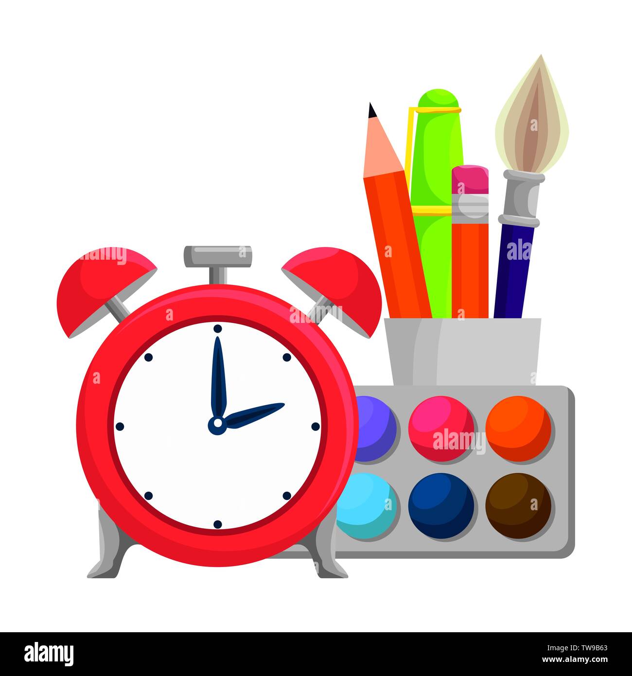 alarm clock with school supplies Stock Vector Image & Art - Alamy