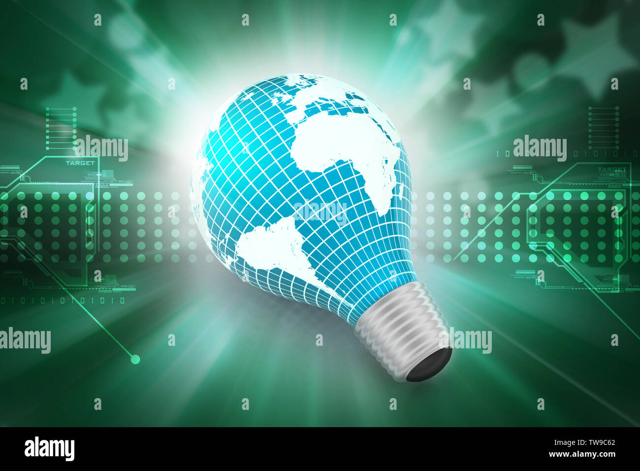 an electric light bulb with a world map Stock Photo - Alamy