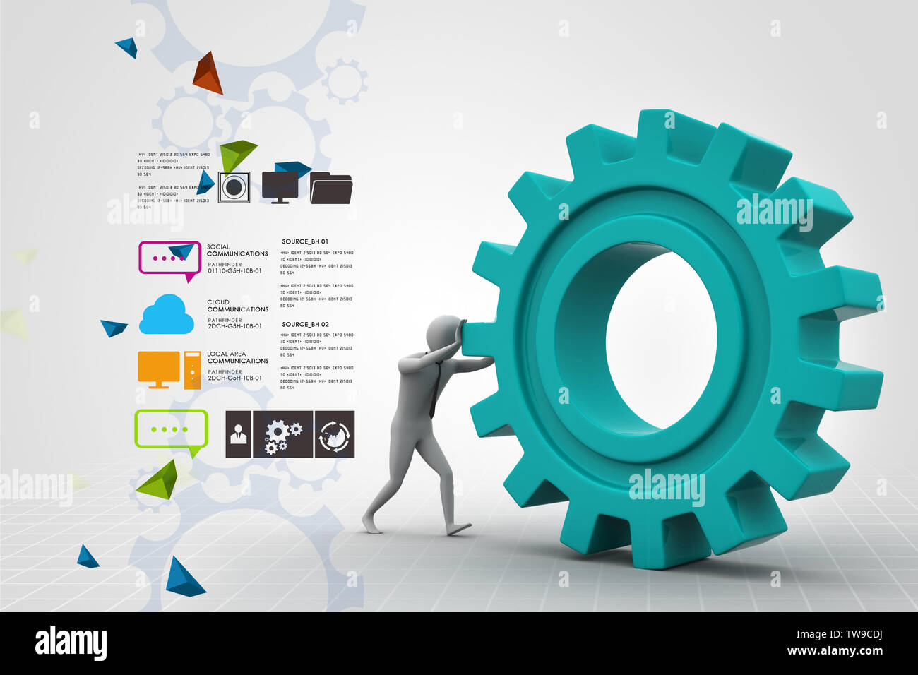 3d man pushing the gear Stock Photo - Alamy