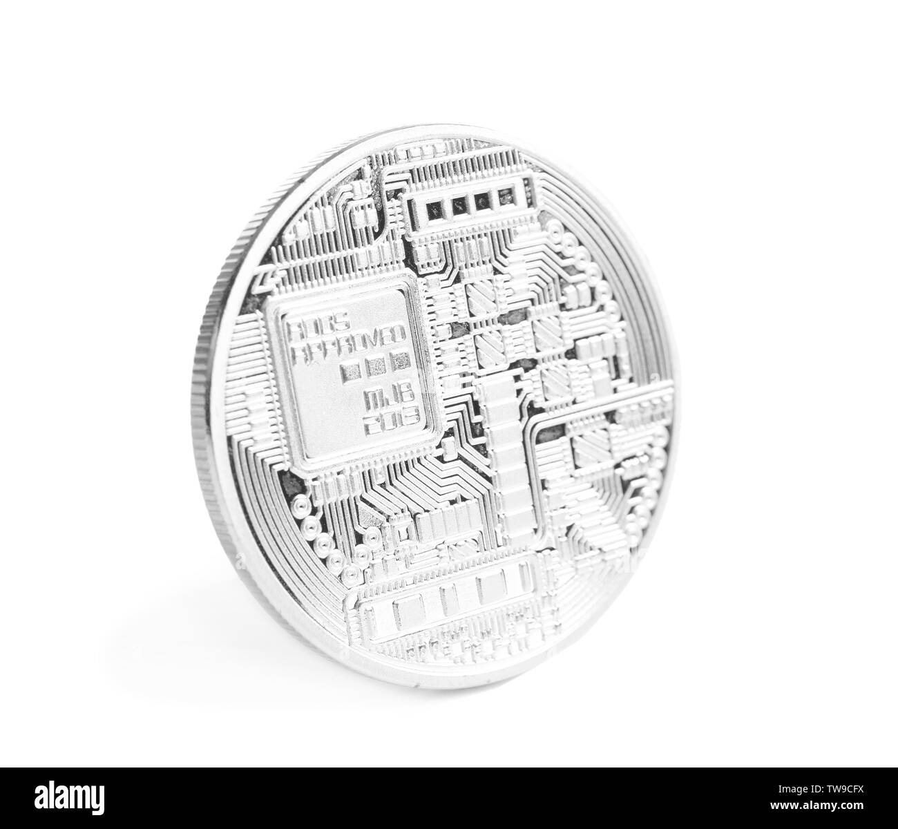 Silver bitcoin on white background Stock Photo - Alamy