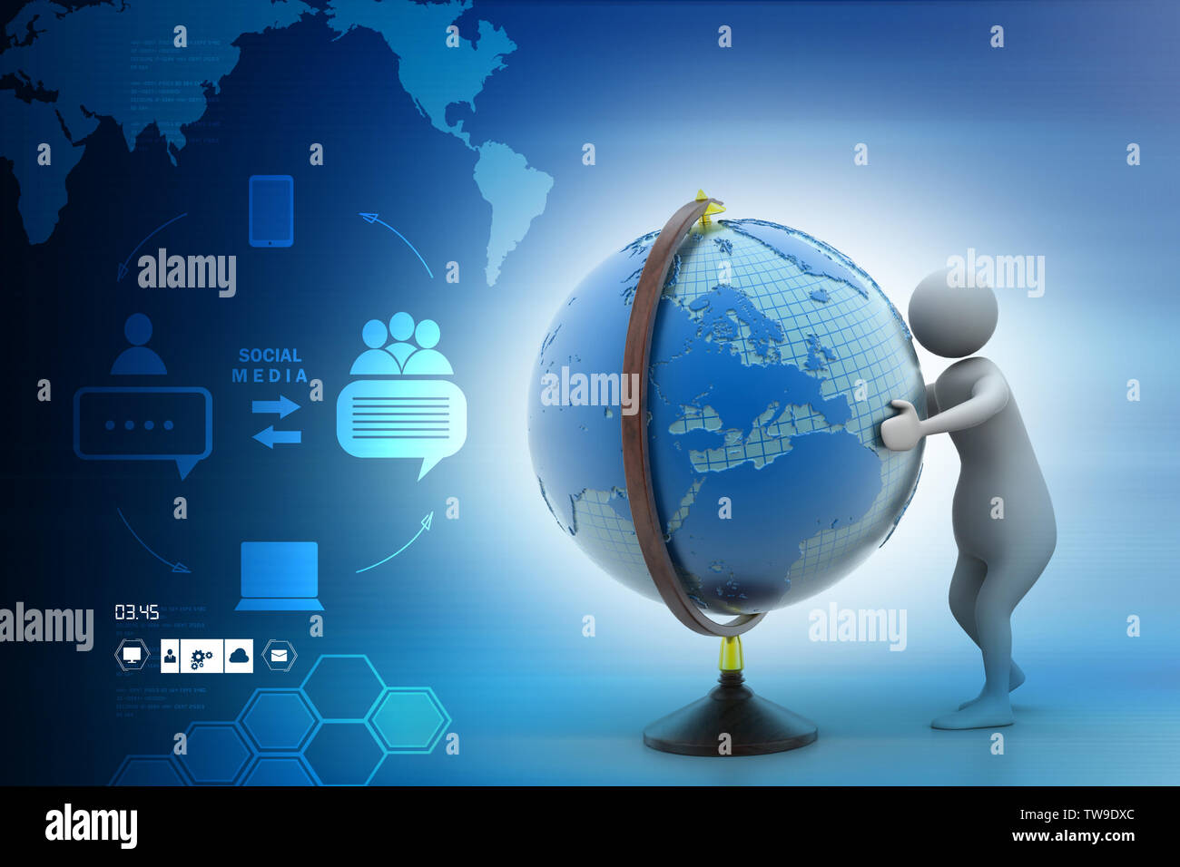 3d man analysing the globe Stock Photo - Alamy