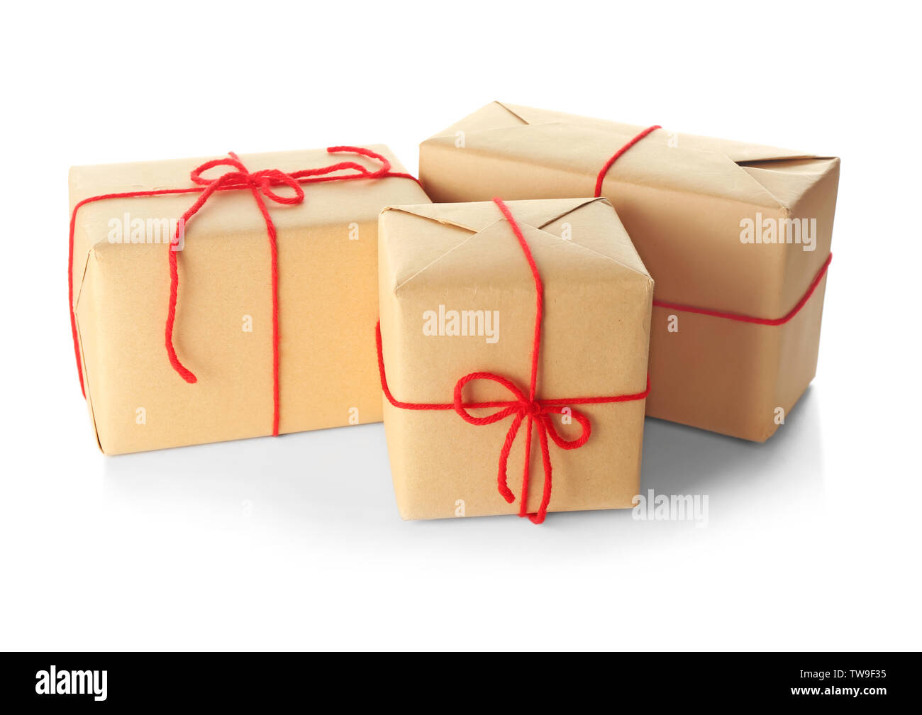 Parcel gift boxes on white background Stock Photo - Alamy