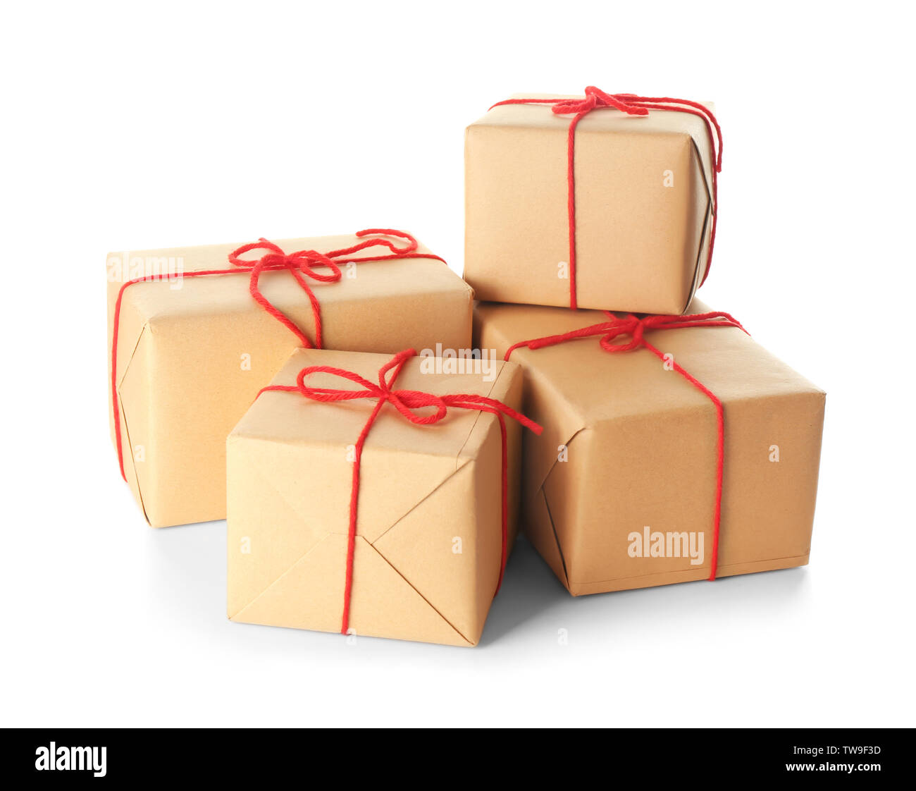 Parcel gift boxes on white background Stock Photo - Alamy