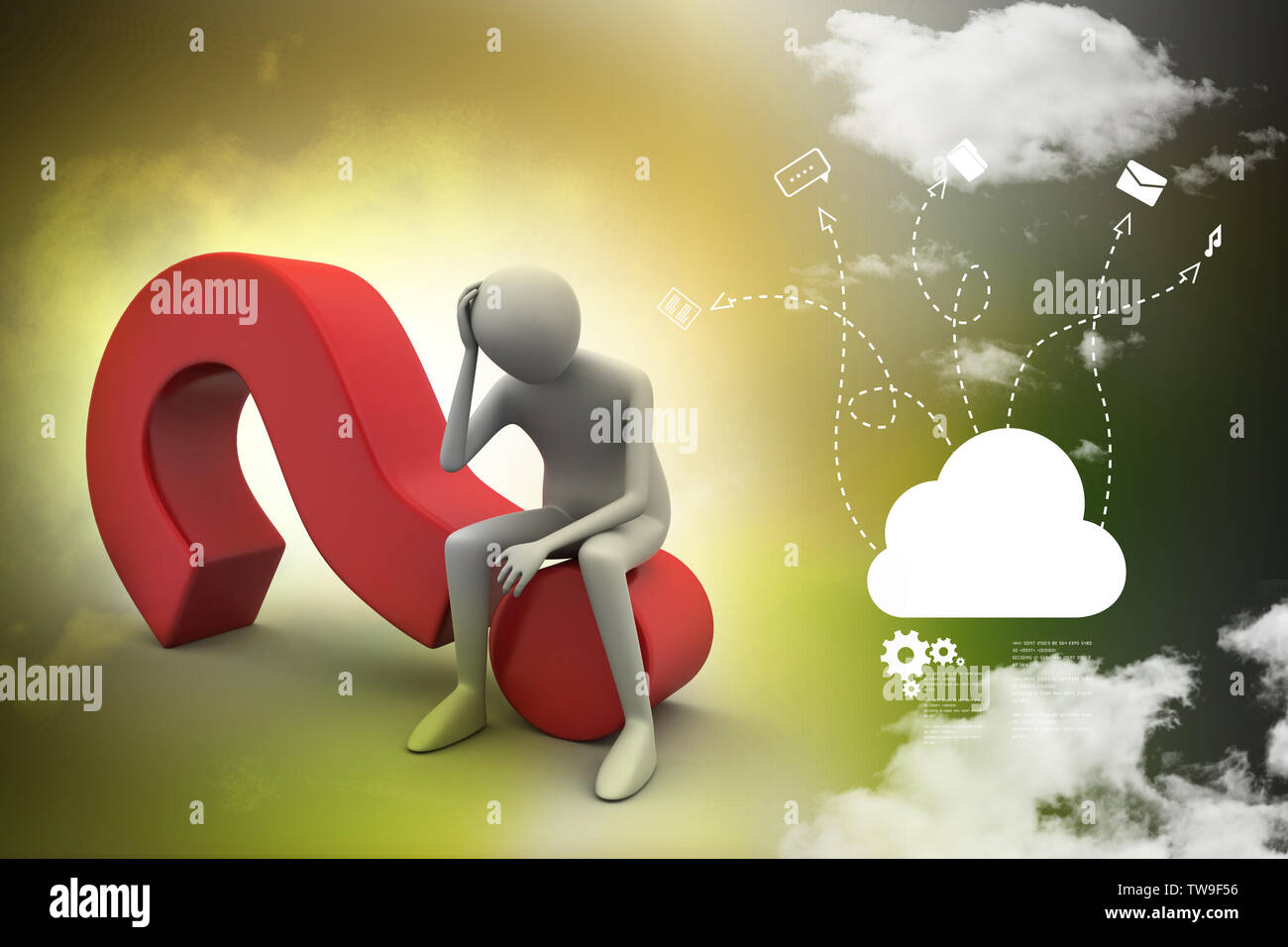 3d man sitting on the question mark Stock Photo - Alamy