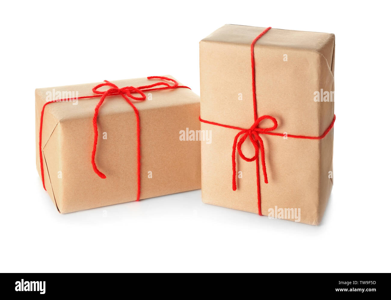 Two parcel gift boxes on white background Stock Photo - Alamy