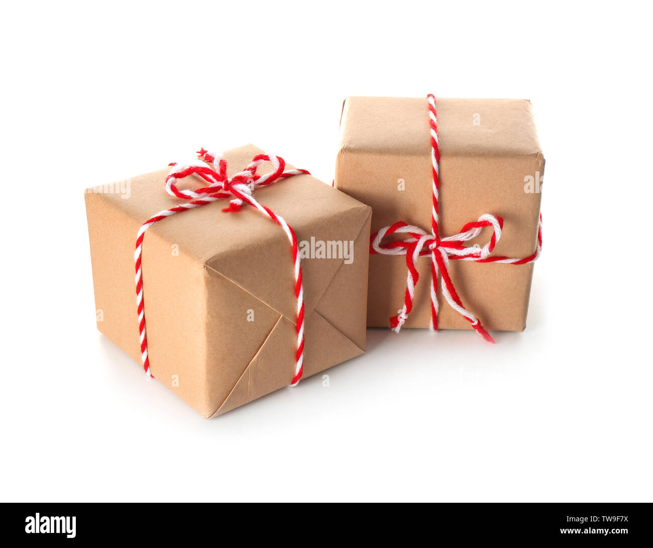 Two parcel gift boxes on white background Stock Photo - Alamy