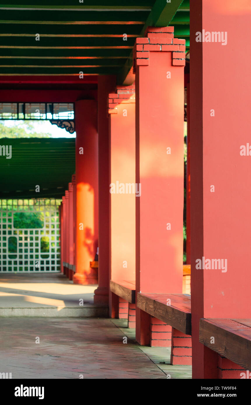 In the sunset, the Chinese style, the classical red column, the long ...
