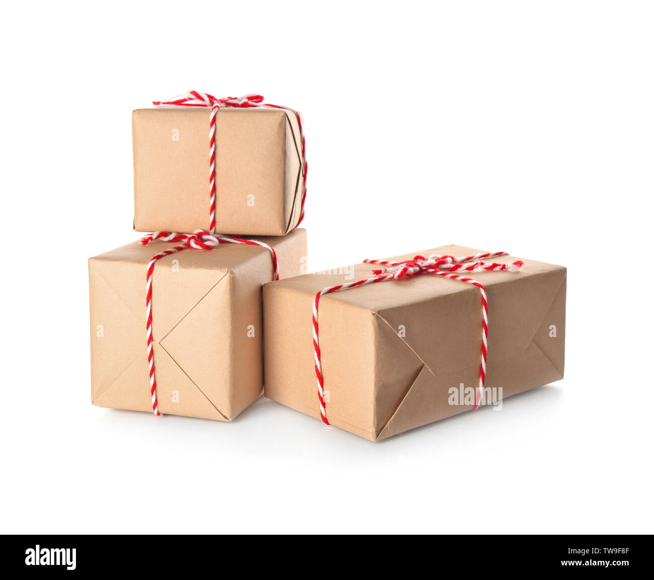 Parcel gift boxes on white background Stock Photo - Alamy