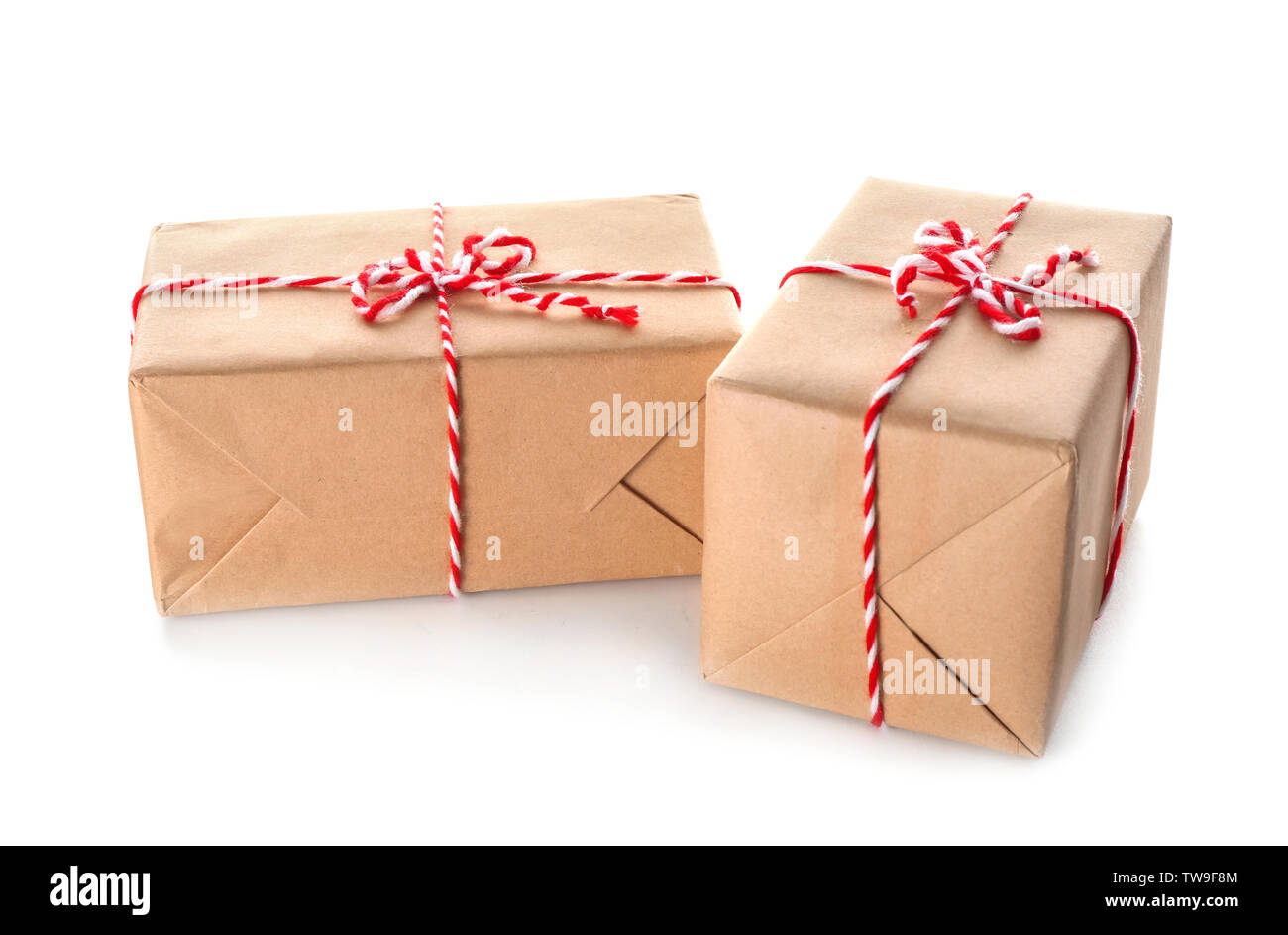 Two parcel gift boxes on white background Stock Photo - Alamy