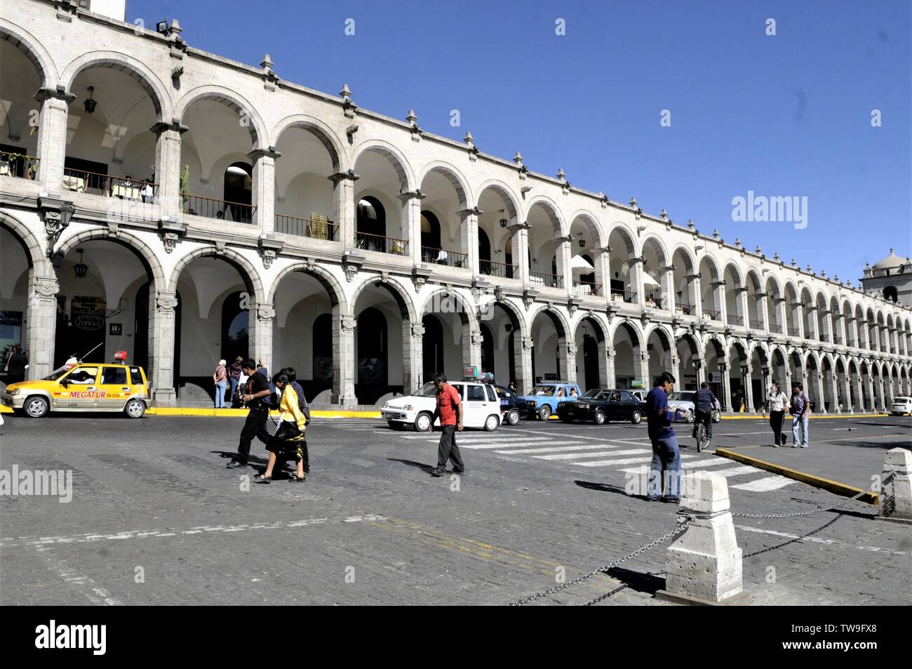PERU,AREQUIPA A VIEW OF THE SPANISH COLONIAL ARCADES OF PLAZA DE ARMAS ...