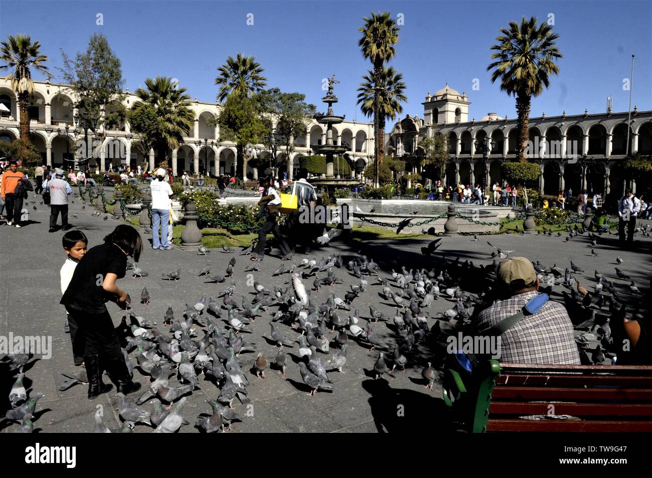 PERU,AREQUIPA A VIEW OF THE SPANISH COLONIAL ARCADES OF PLAZA DE ARMAS ...