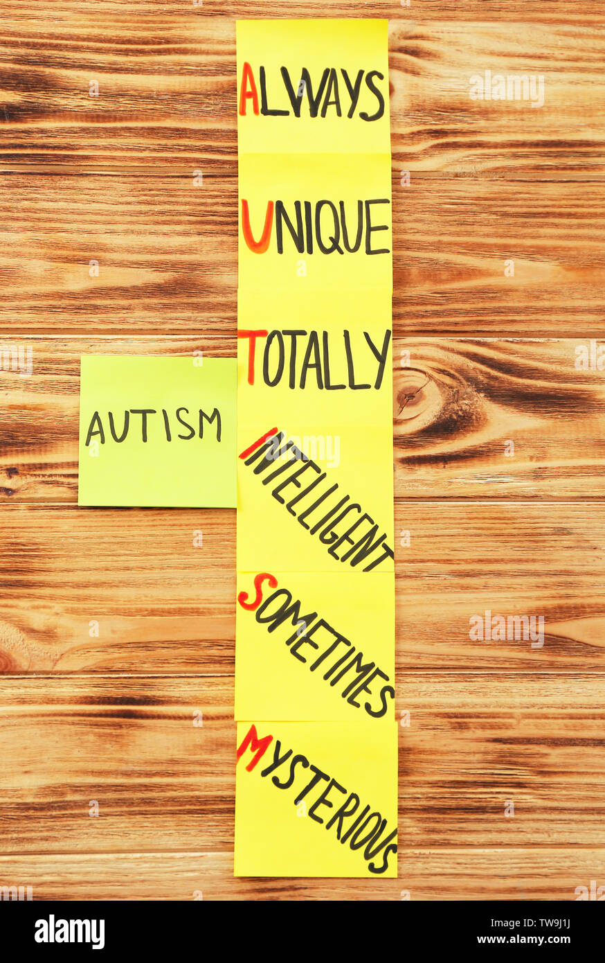 Stickers with abbreviation expansion for word "Autism" on wooden ...