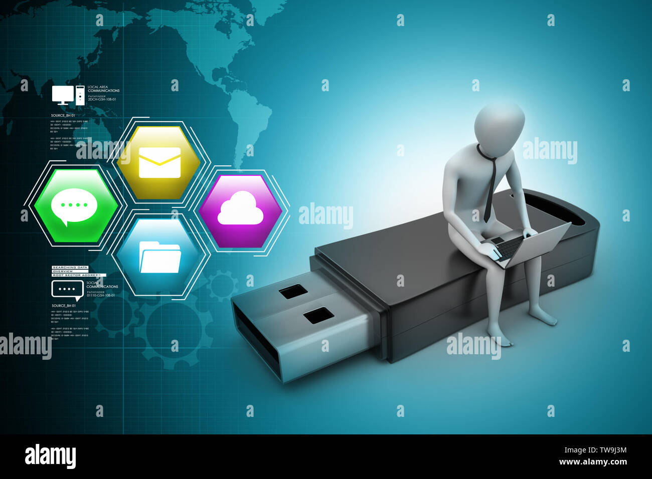 3d man and laptop sitting usb Stock Photo - Alamy