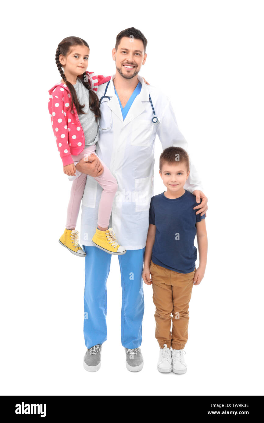 Children's doctor with little kids on white background Stock Photo - Alamy
