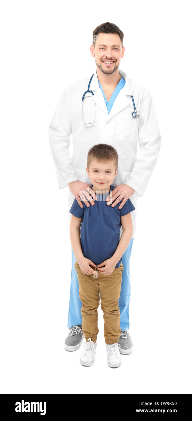 Children's doctor with little boy on white background Stock Photo - Alamy