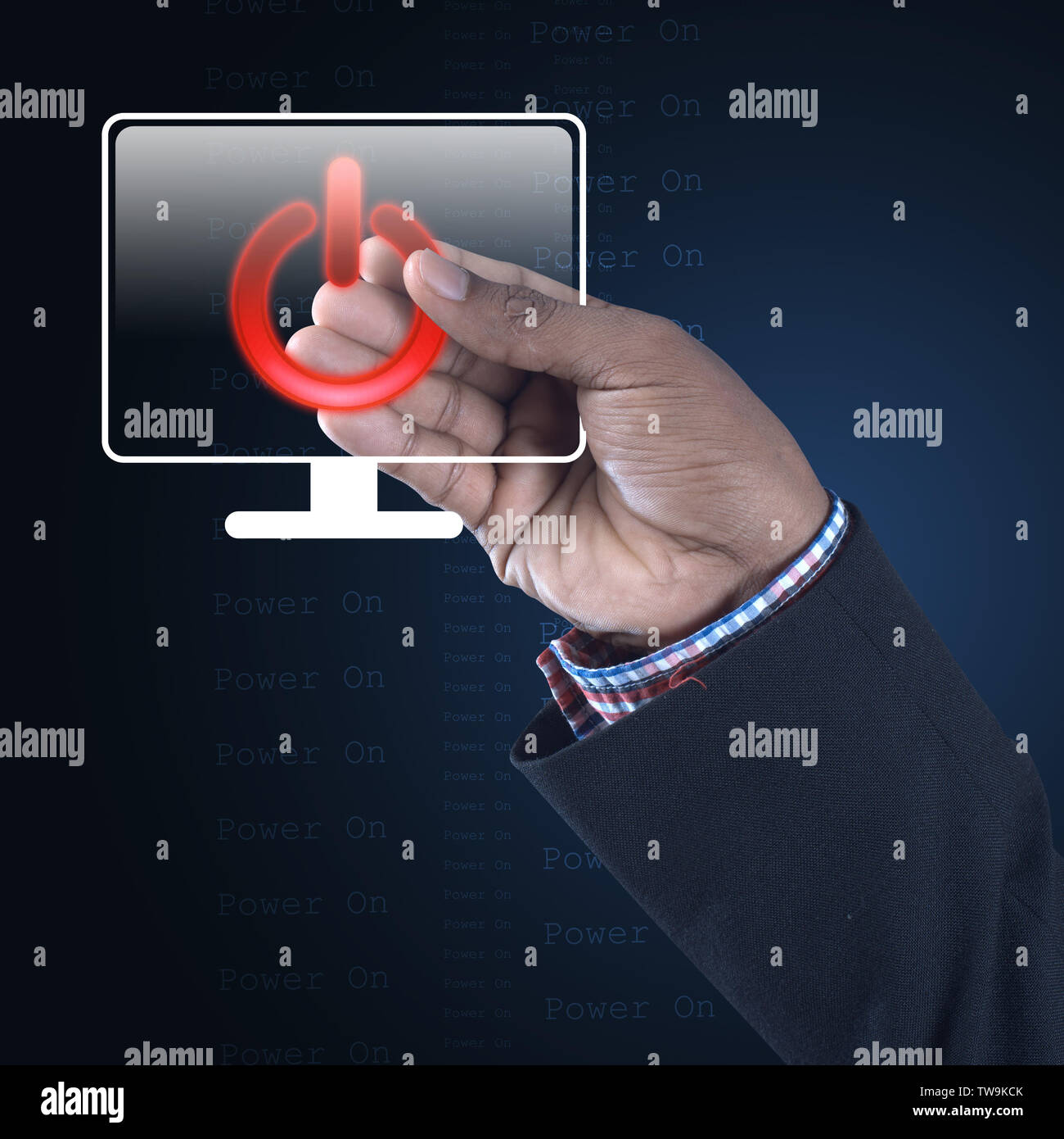 Man showing the power button Stock Photo - Alamy