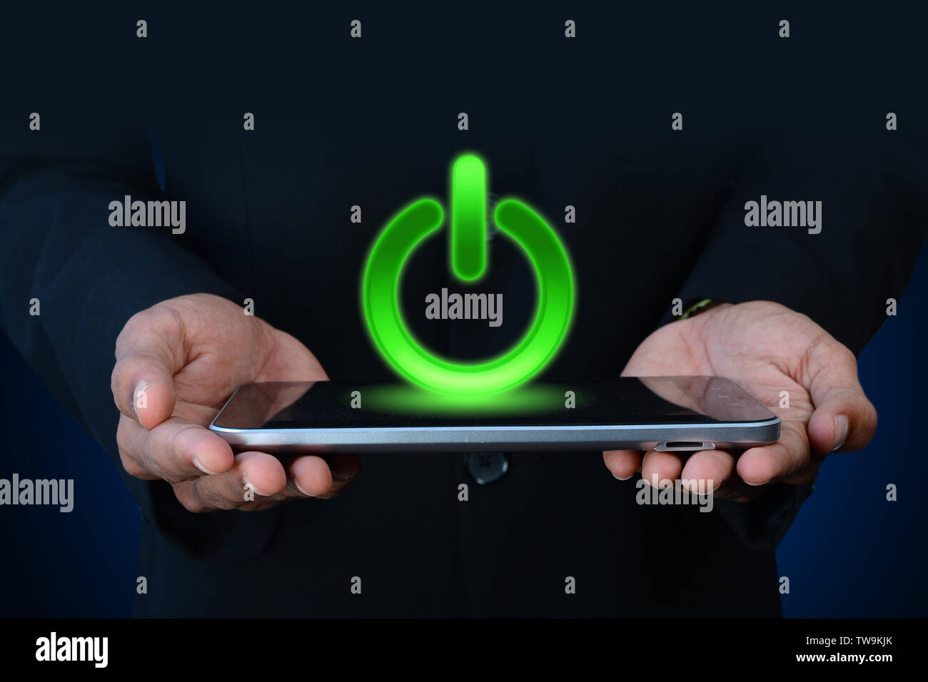 Man showing the power button Stock Photo - Alamy