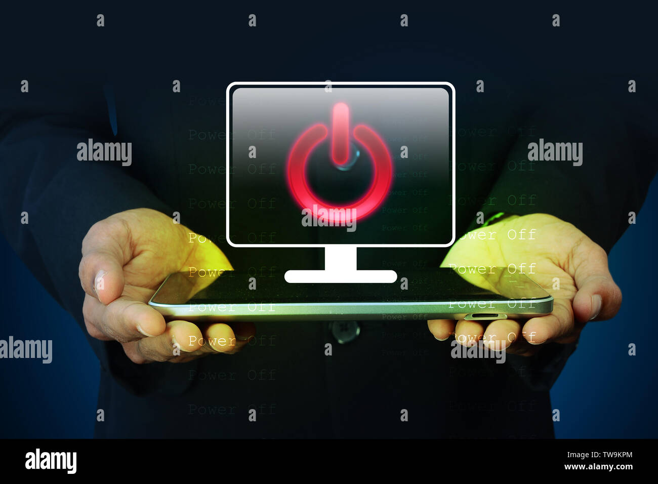 Man showing the power button Stock Photo - Alamy