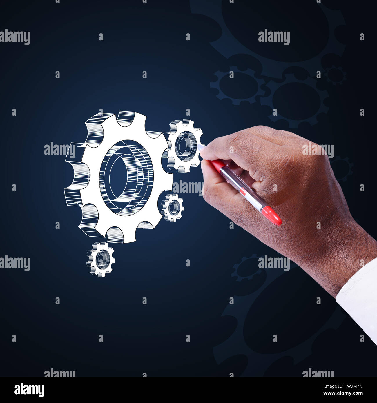 businessman showing gears cogs to success concept Stock Photo - Alamy