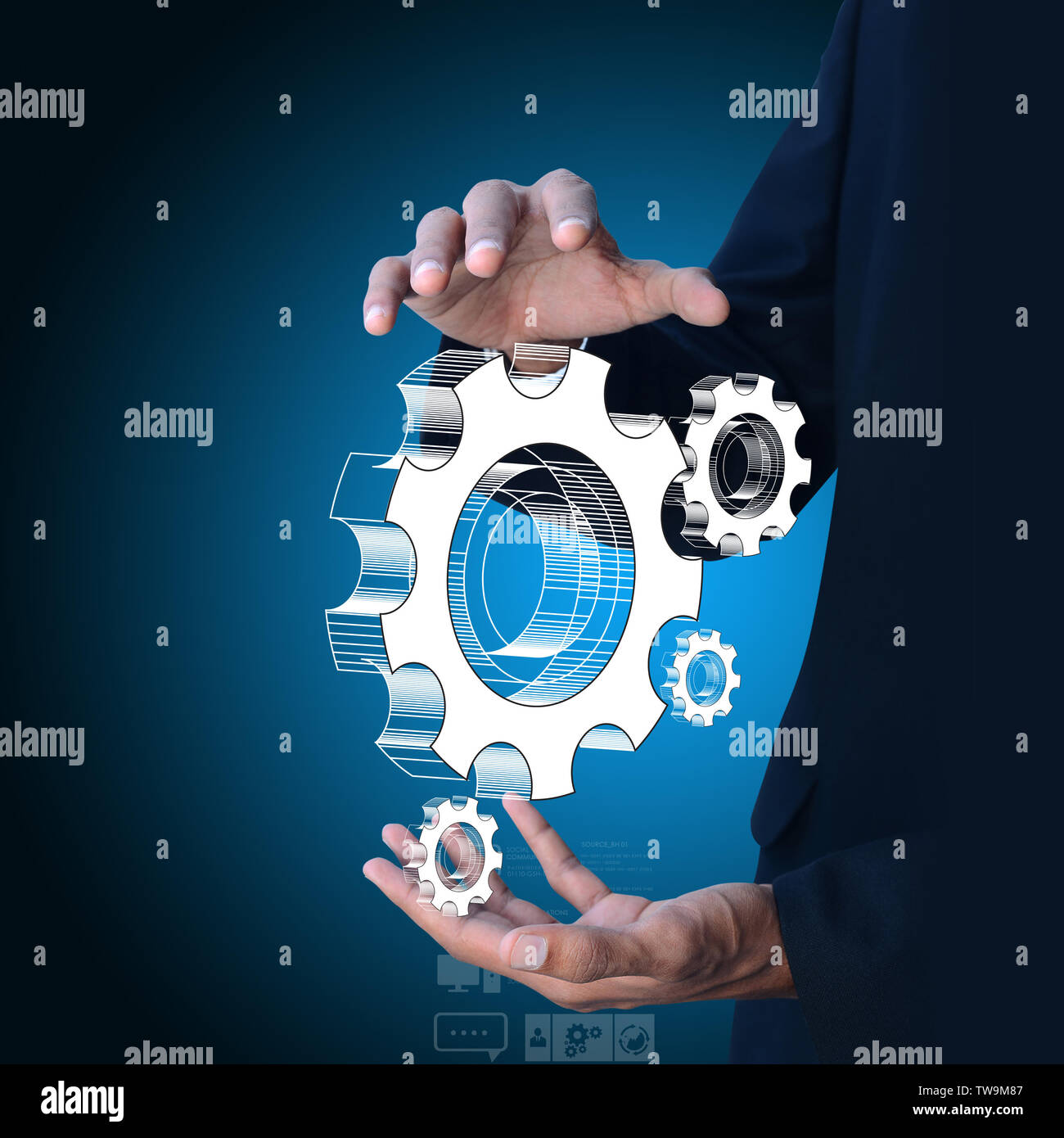 businessman showing gears cogs to success concept Stock Photo - Alamy