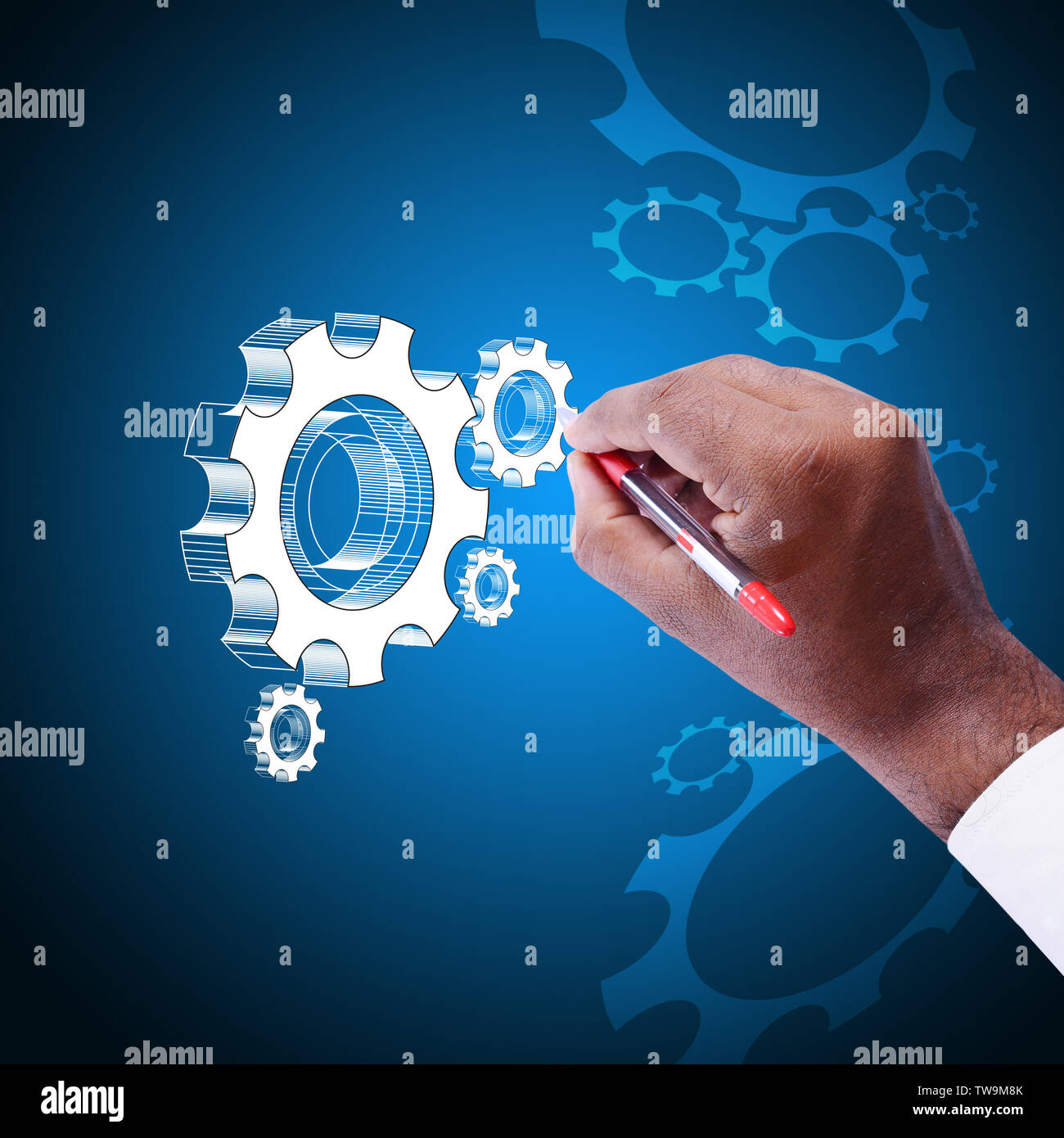 businessman showing gears cogs to success concept Stock Photo - Alamy
