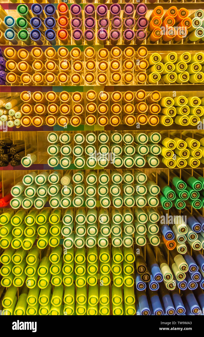 several color pens stack row in stationary shop store background Stock ...