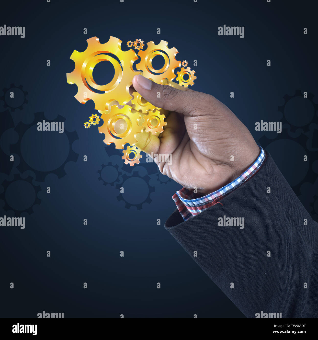 businessman showing gears cogs to success concept Stock Photo - Alamy