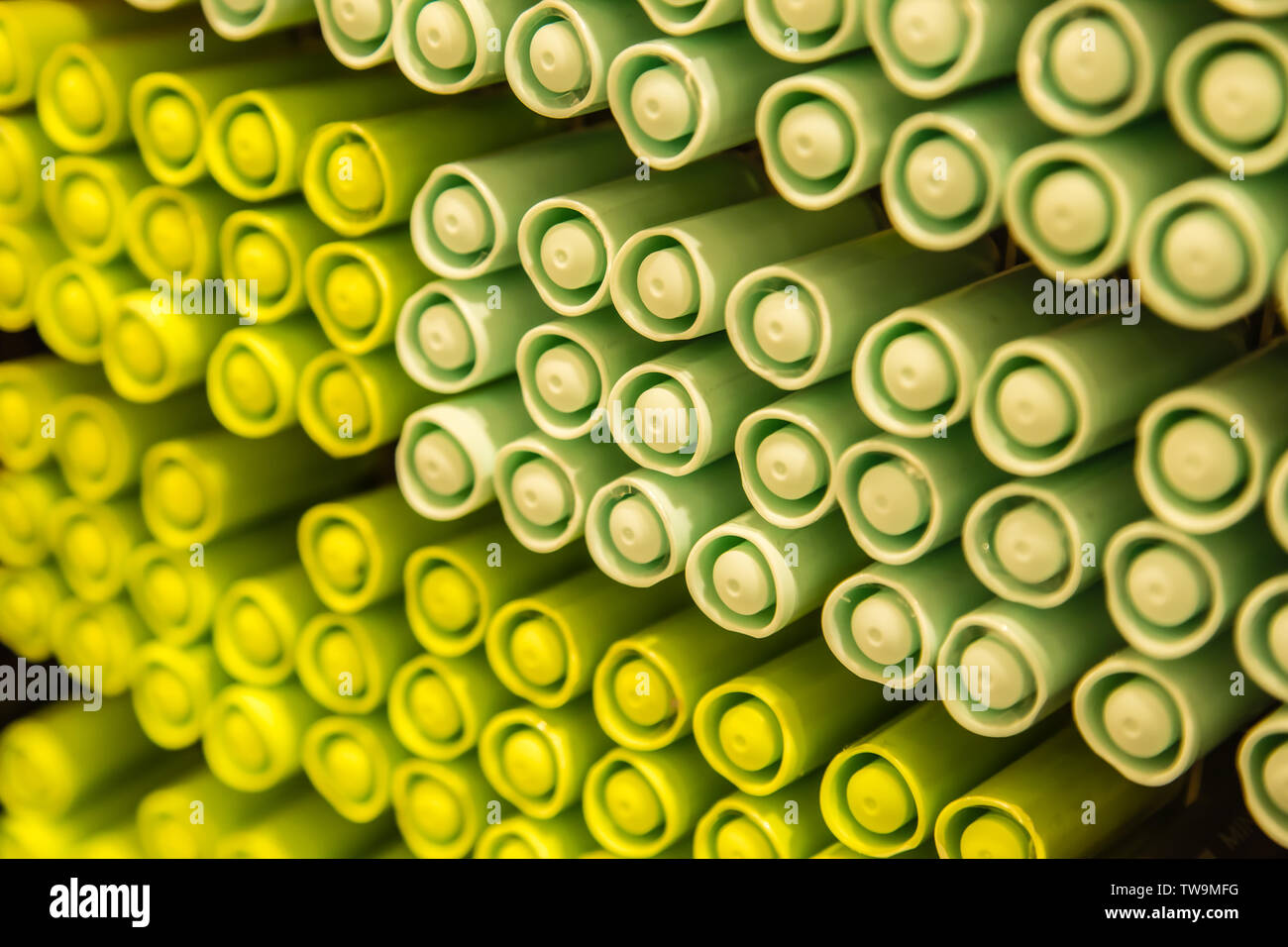 several color pens stack row in stationary shop store background Stock ...