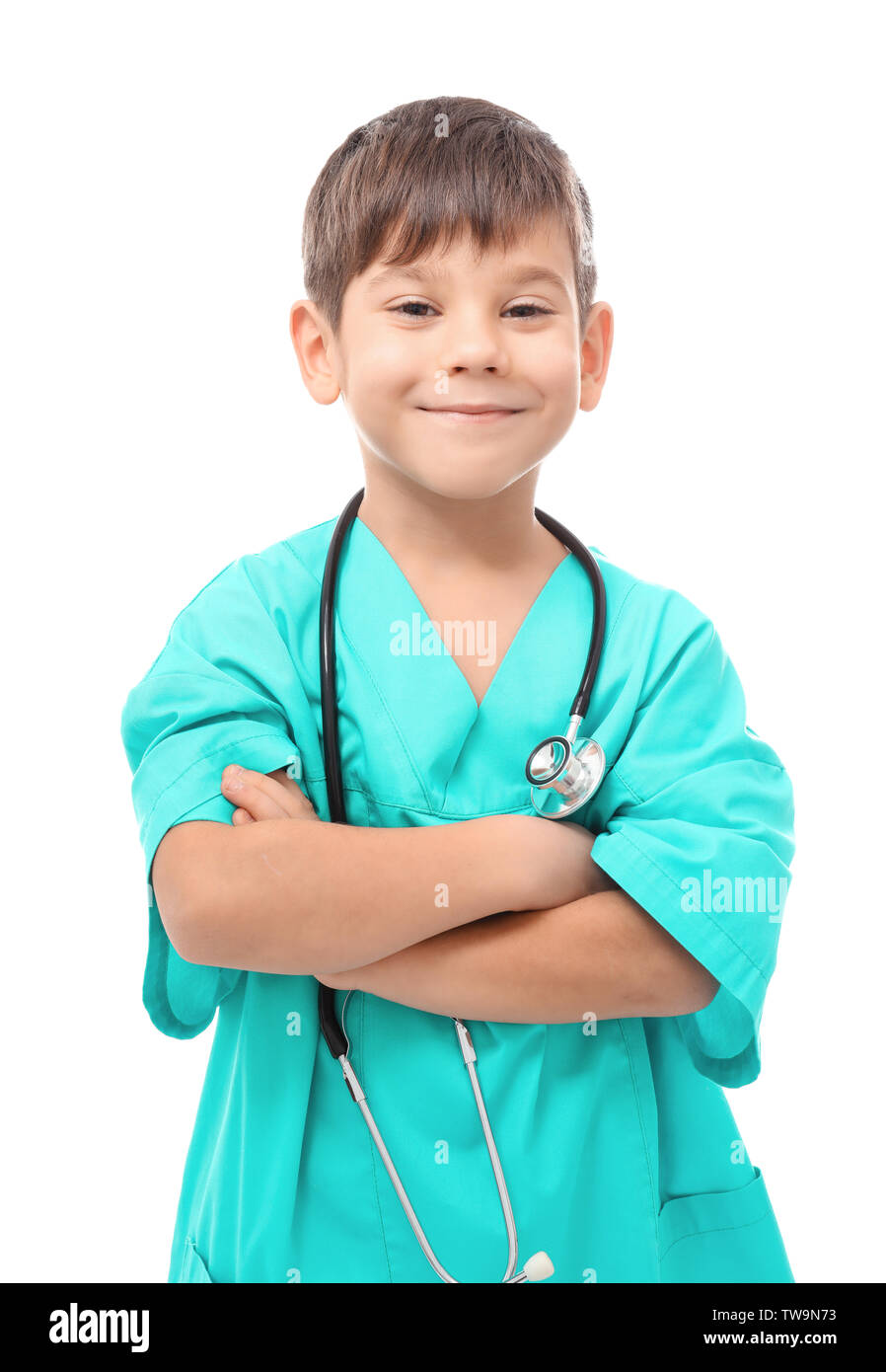Cute little boy in doctor uniform on white background Stock Photo - Alamy