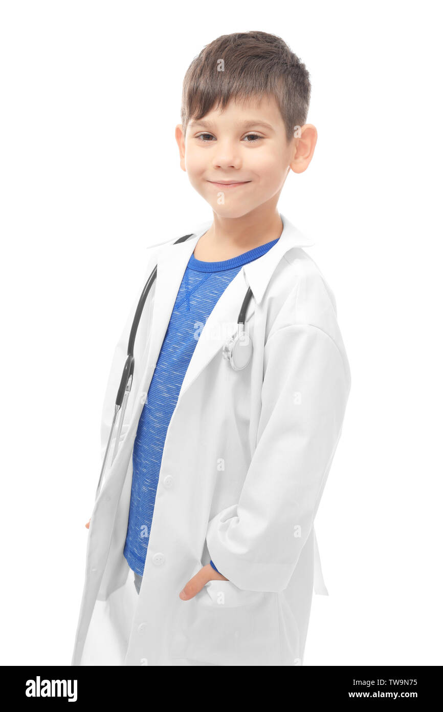 Cute little boy in doctor uniform on white background Stock Photo - Alamy