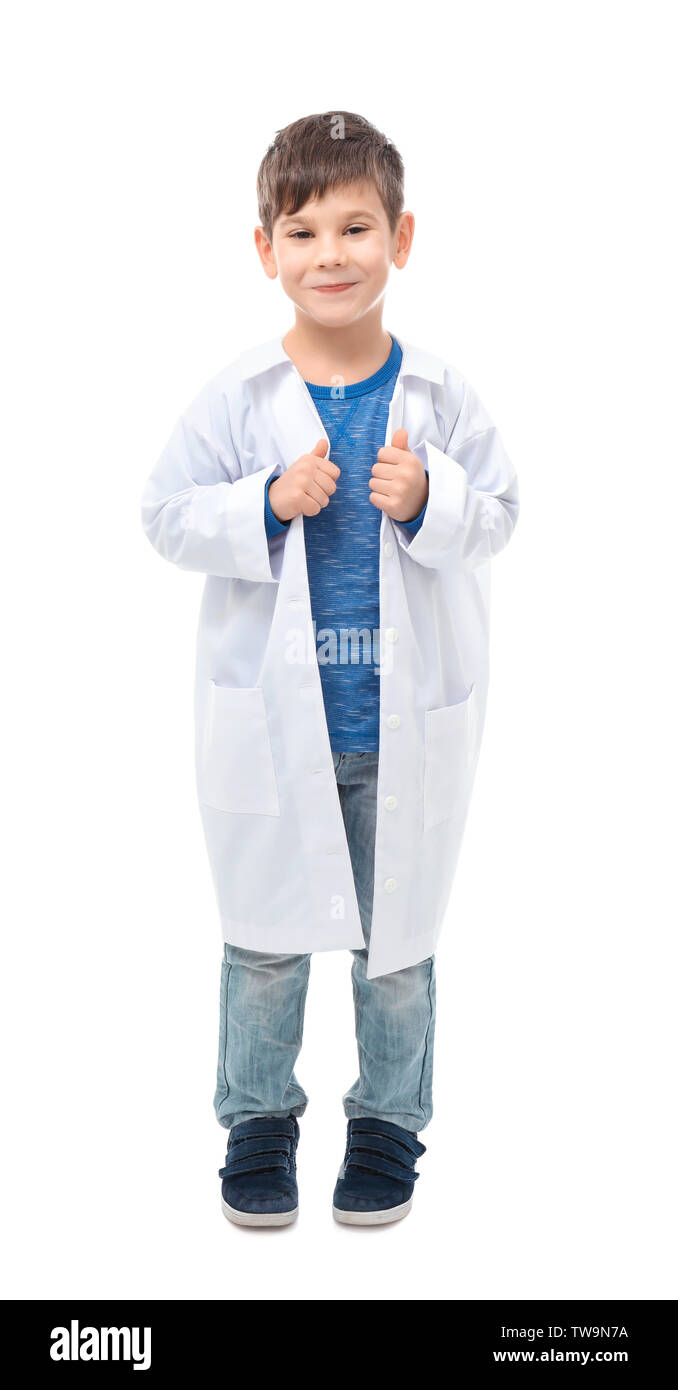 Cute little boy in doctor uniform on white background Stock Photo - Alamy