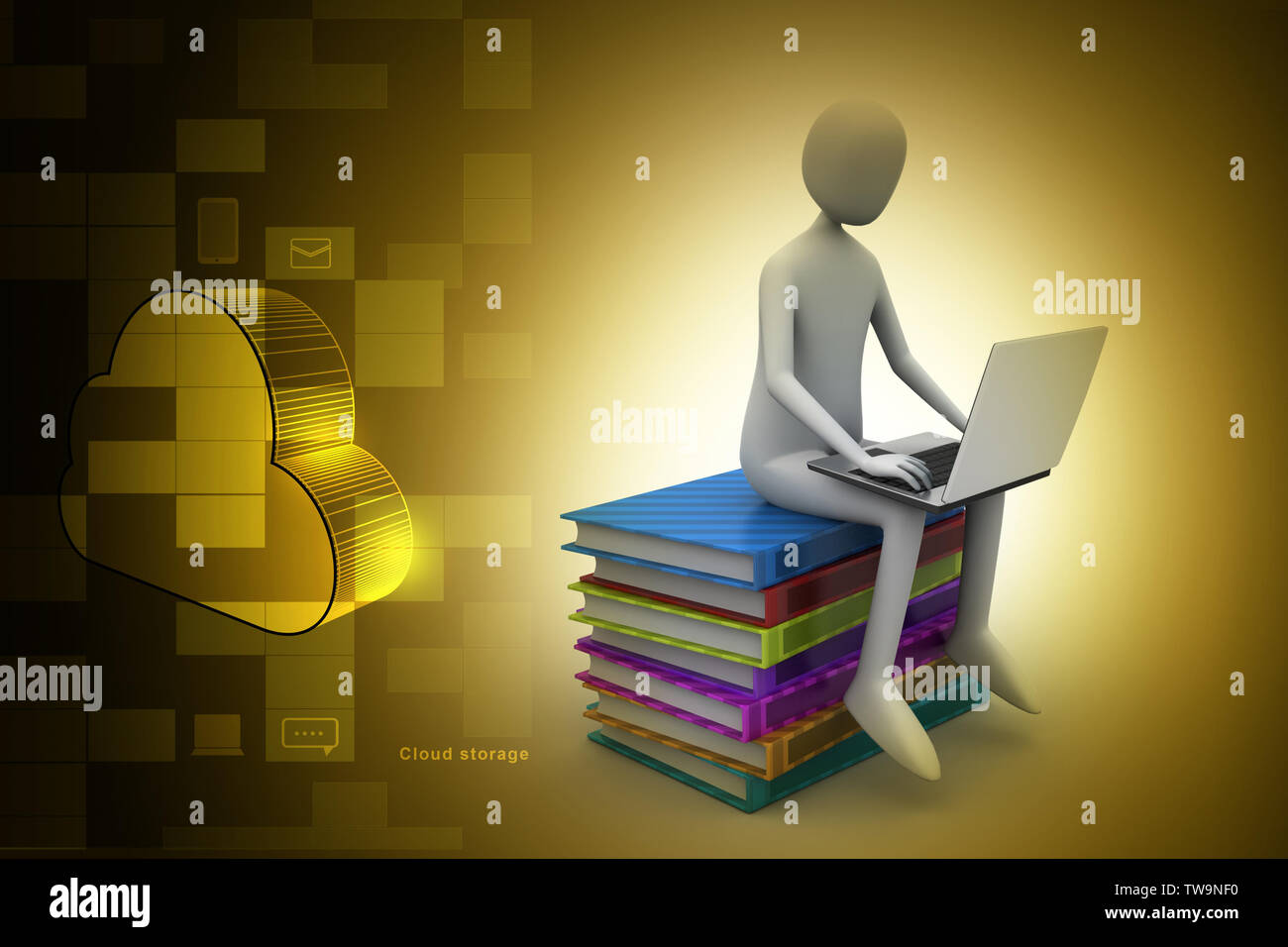 3d man sitting on books and working at his laptop Stock Photo - Alamy