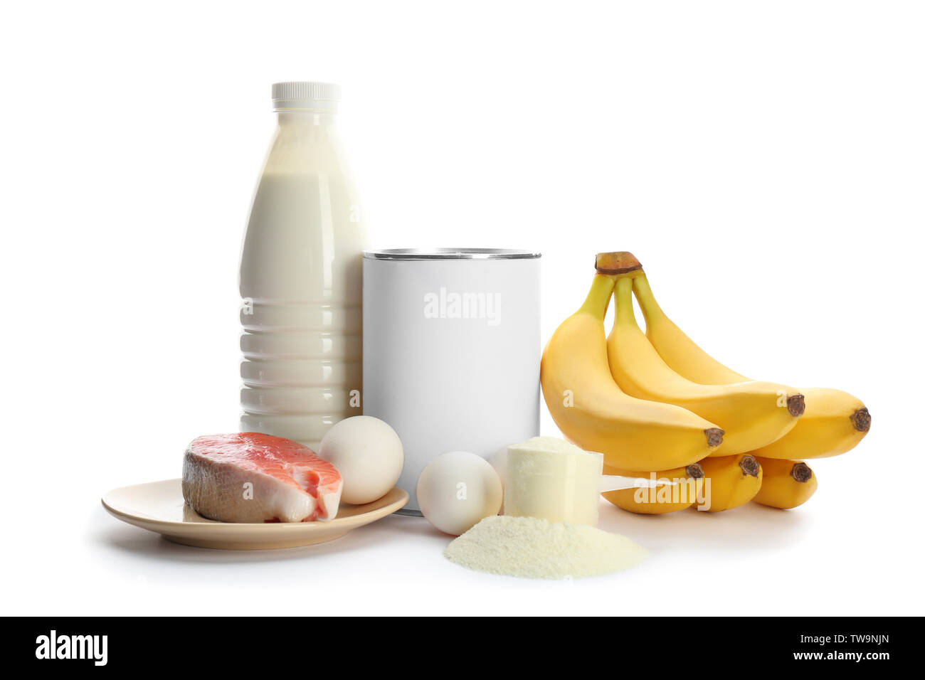 High protein food and powder on white background Stock Photo - Alamy