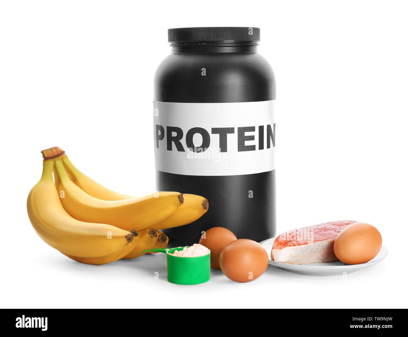 High protein food and powder on white background Stock Photo - Alamy