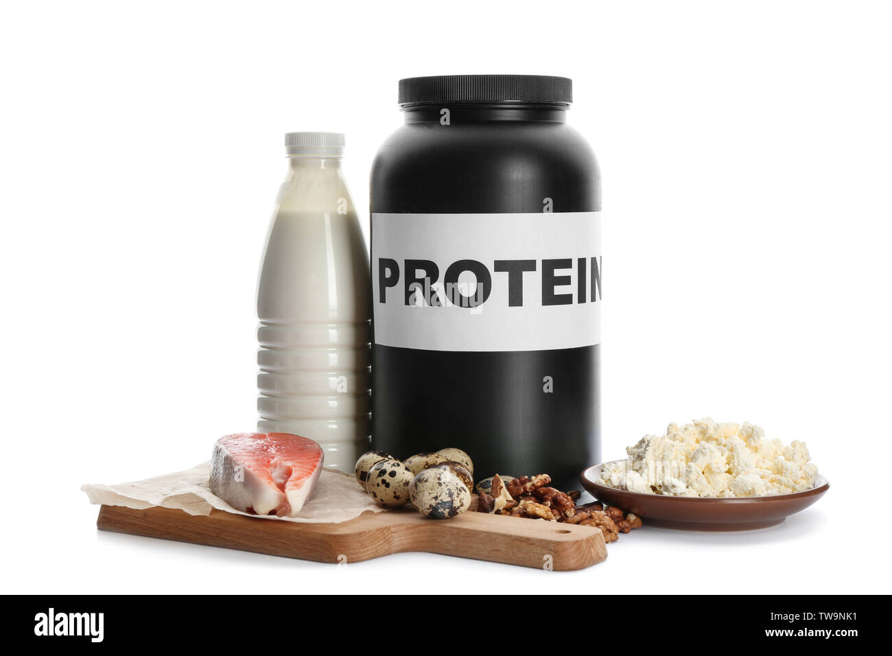 High protein food and powder on white background Stock Photo - Alamy