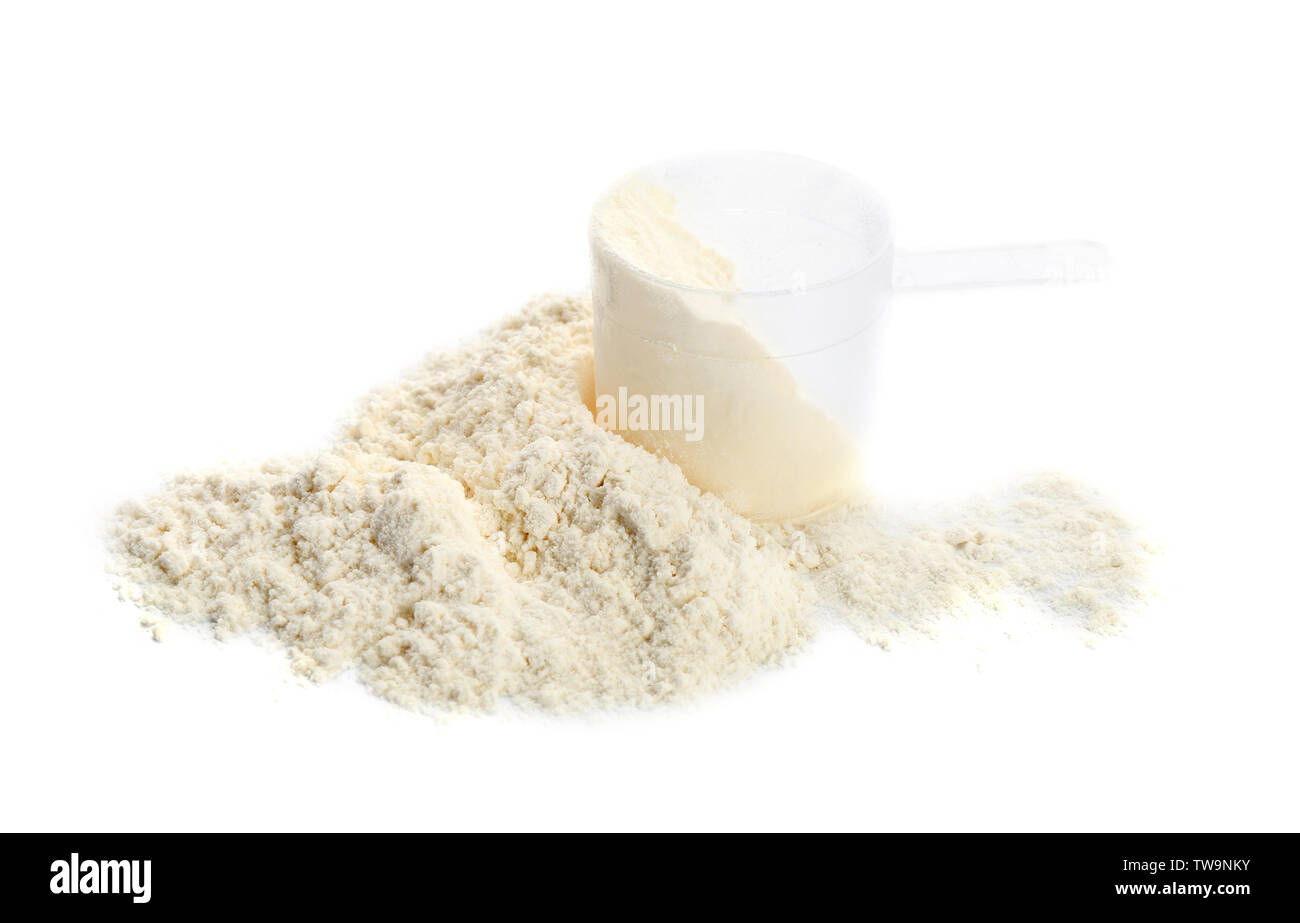 Measuring scoop with protein powder on white background Stock Photo - Alamy