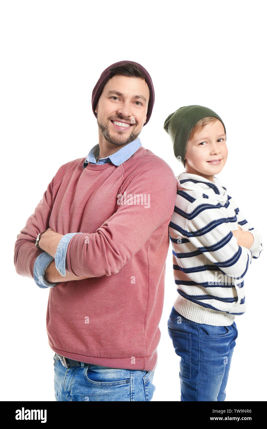 Stylish father and son on white background Stock Photo - Alamy