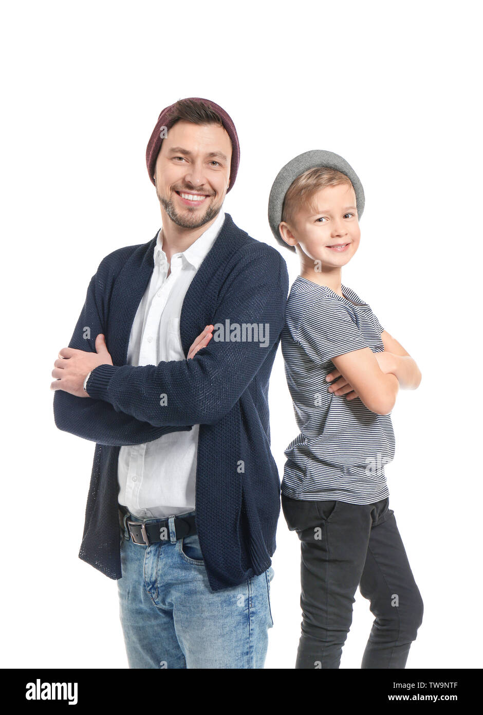 Stylish father and son on white background Stock Photo - Alamy