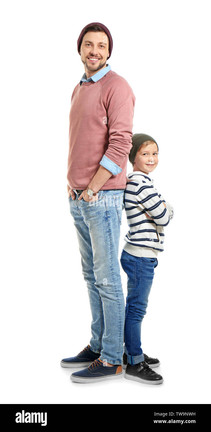 Stylish father and son on white background Stock Photo - Alamy