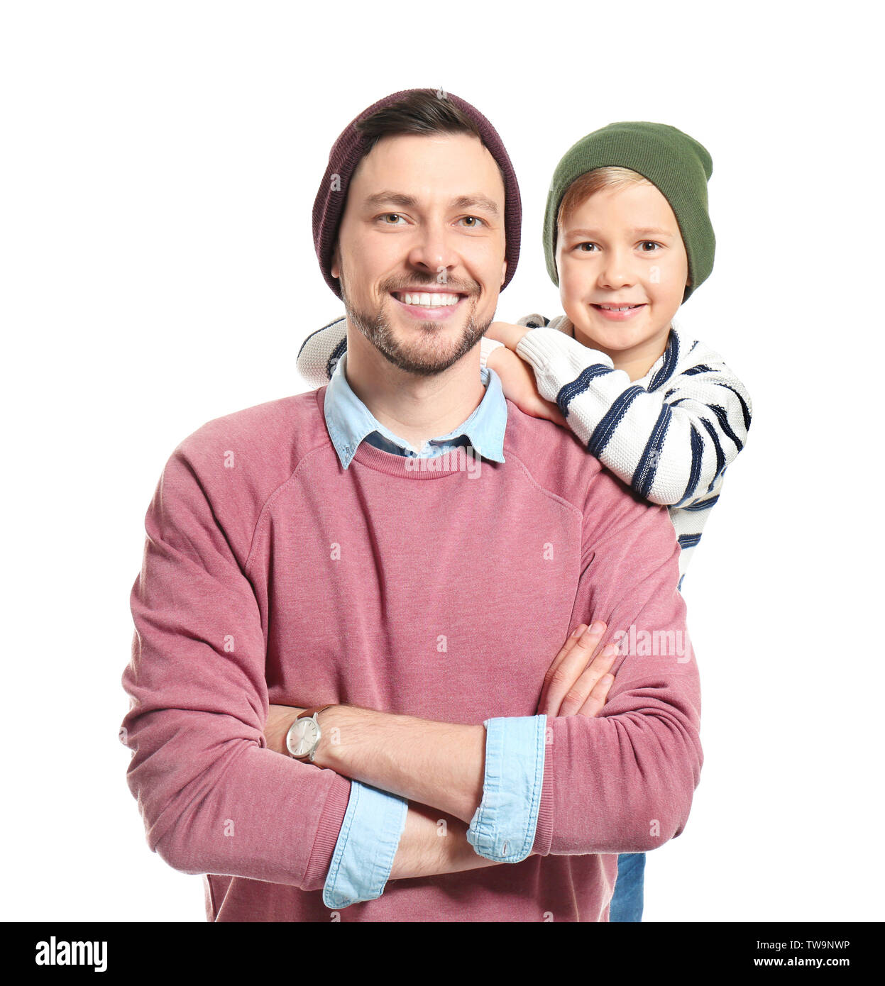 Stylish father and son on white background Stock Photo - Alamy