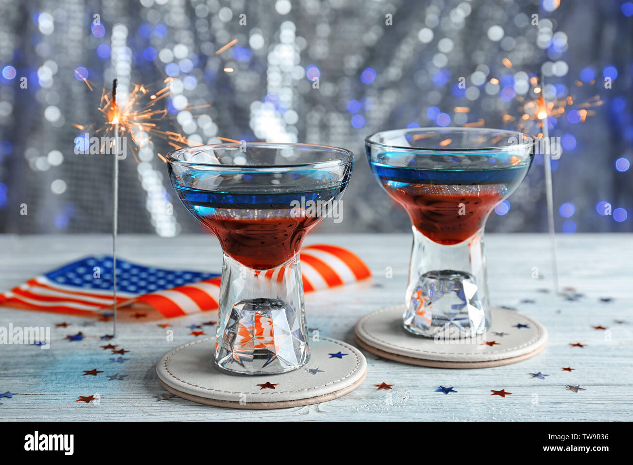 Layered cocktails in colors of American flag on table Stock Photo - Alamy