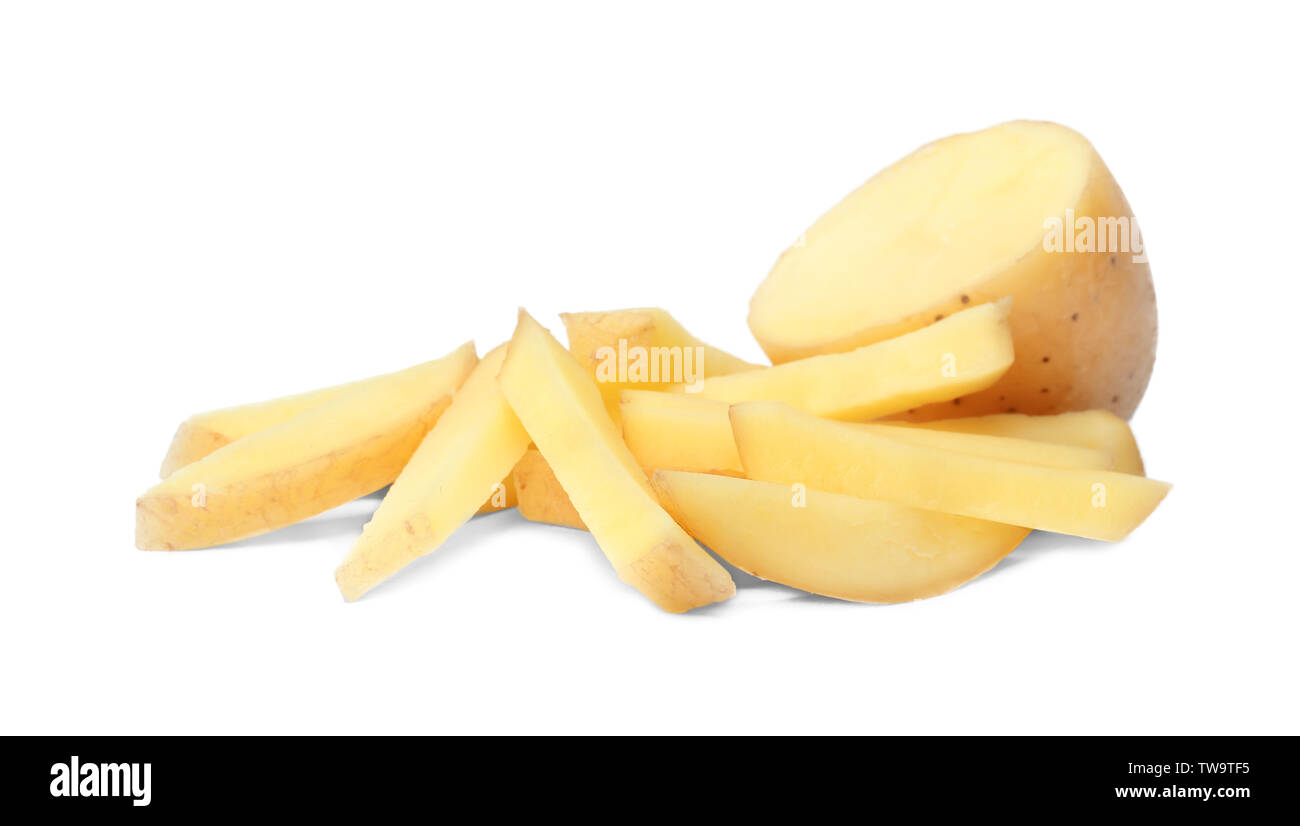 Raw fresh sliced potato on white background Stock Photo - Alamy