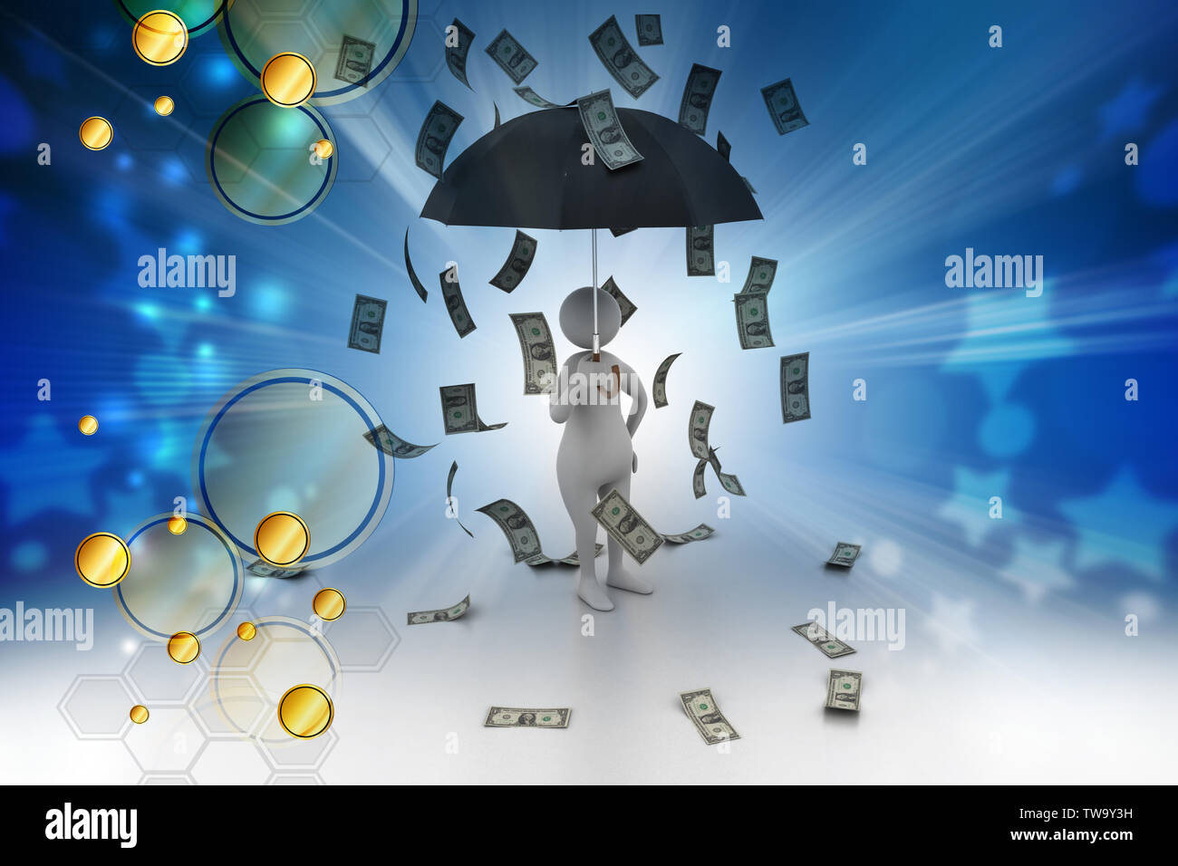 3d man and umbrella in money rain Stock Photo - Alamy