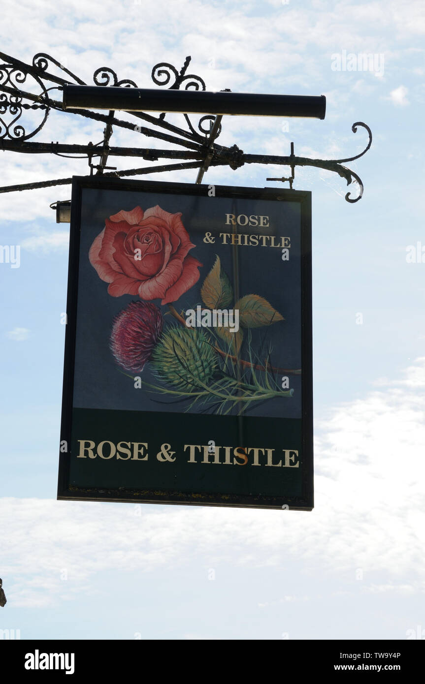 The Rose and Thistle sign, Haddenham, Buckinghamshire Stock Photo - Alamy