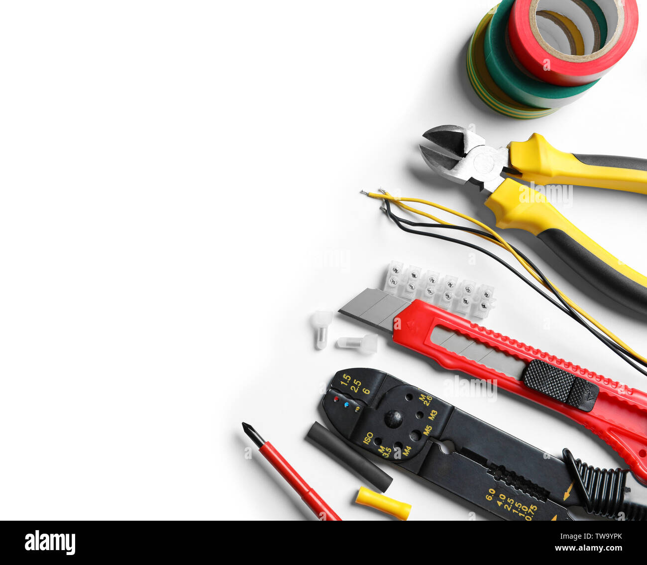 Different electrical tools on white background Stock Photo - Alamy