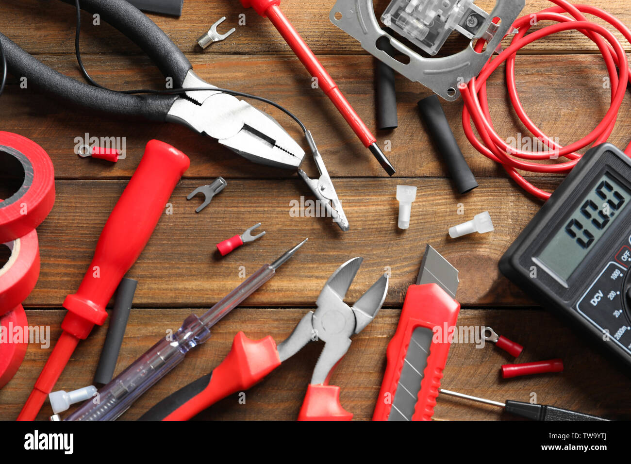 Different electrical tools on wooden background Stock Photo - Alamy